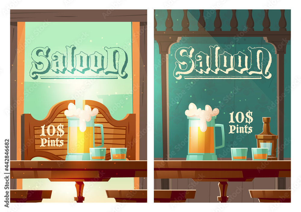 Cowboy saloon cartoon banner, glass tankards with foamy beer and shots ...