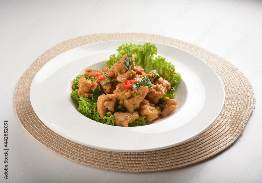 deep fried crispy chicken cube with salted egg yolk paste spicy sauce ...