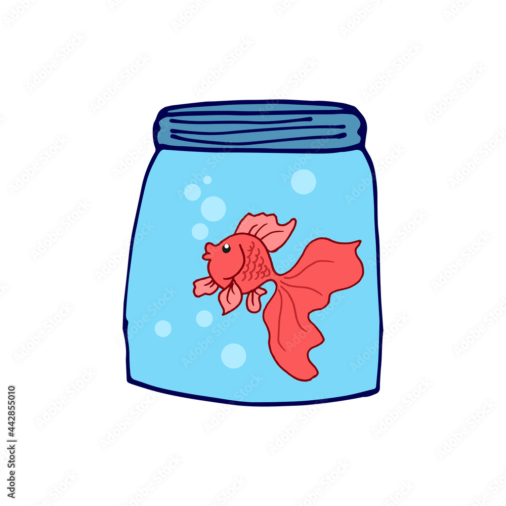 cute fish in the jar illustration on white background. red fish with ...