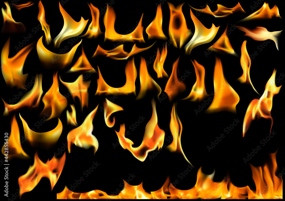 Realistic Fire Flames Collection on Black Background - Detailed ...