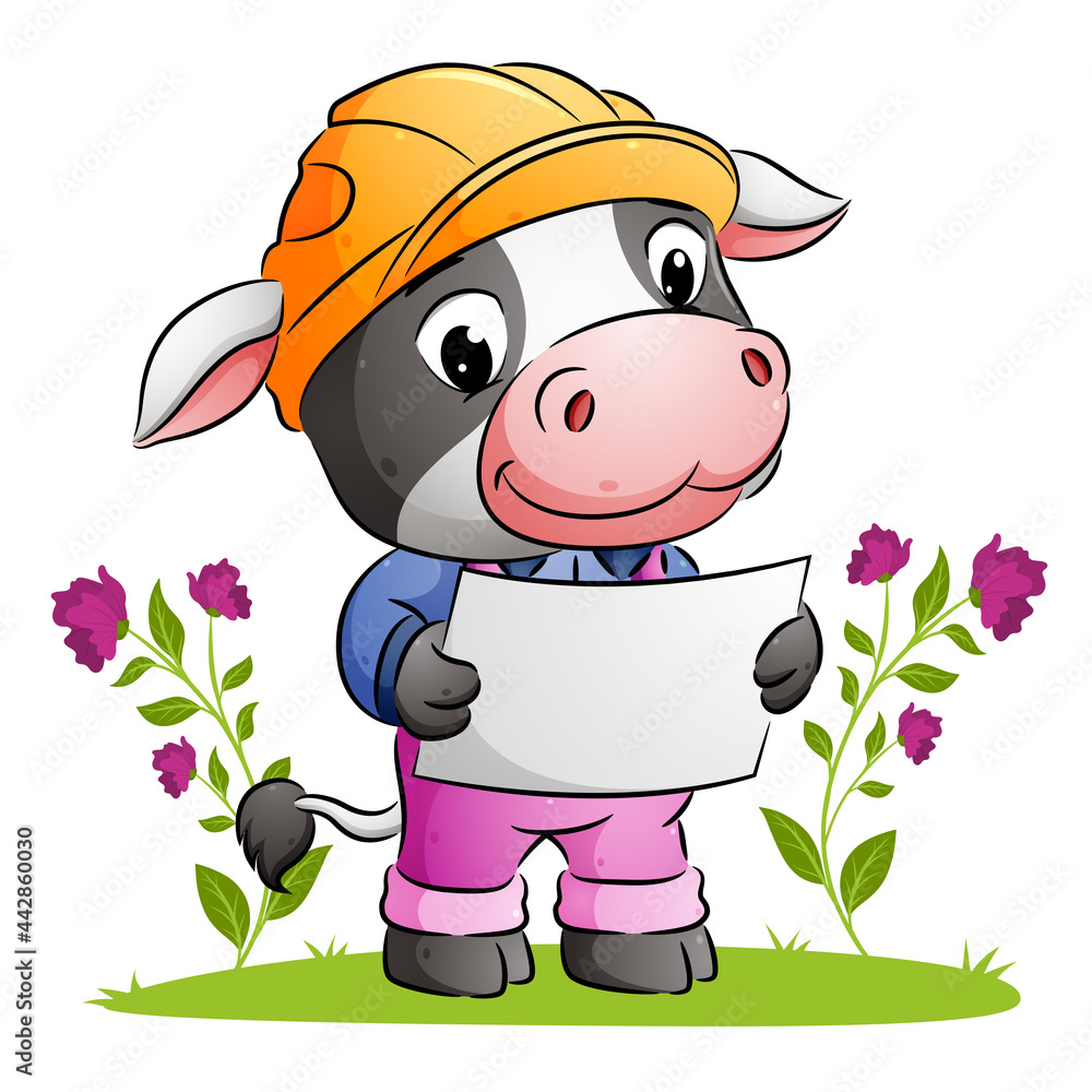 The cute architect cow is holding a paper plan and using a safety ...