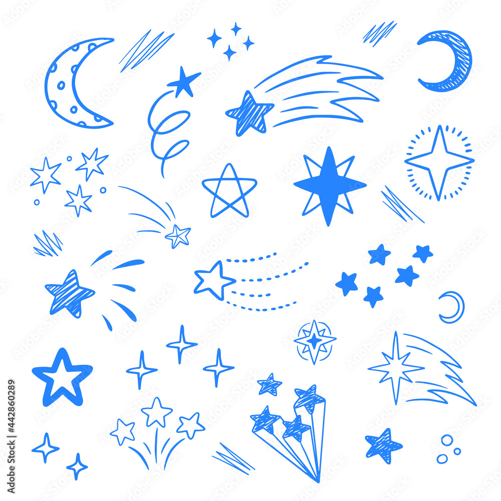 Vector set of different doodle stars. Sketch star shapes, blue ...