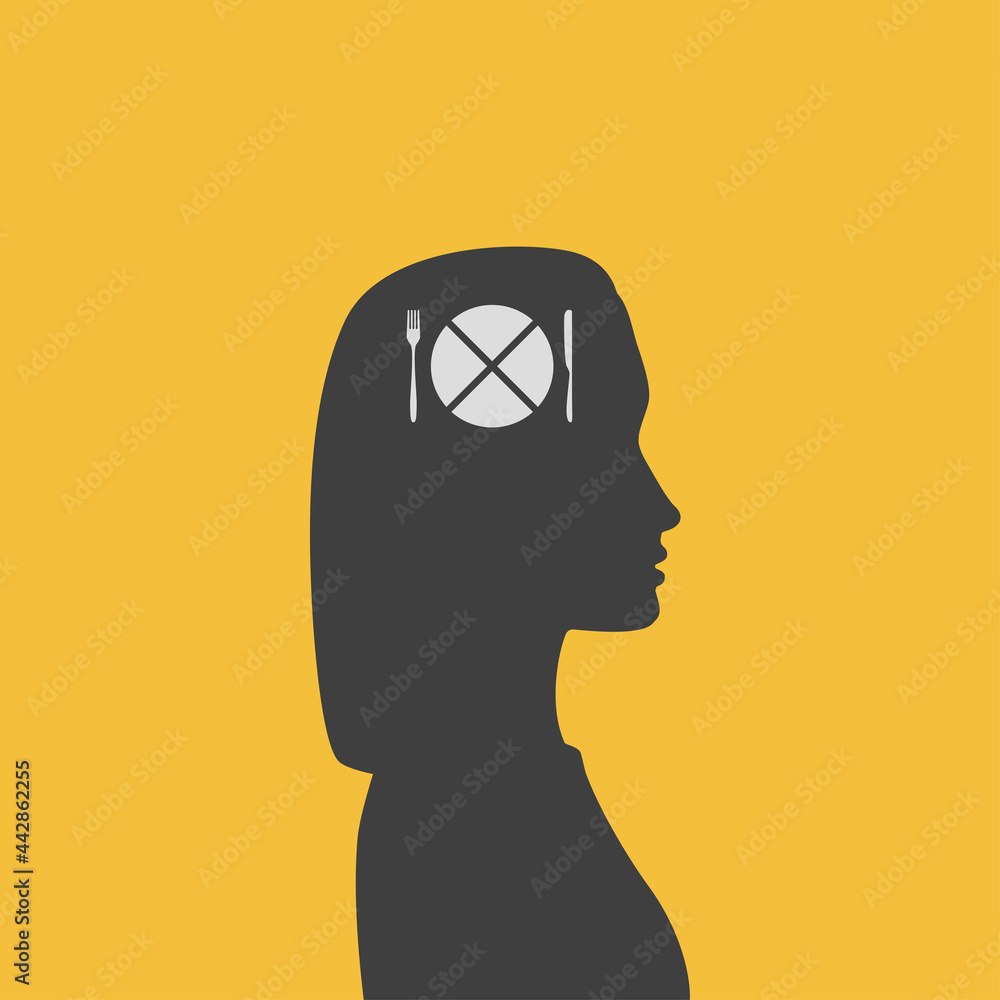 Silhouette profile of woman with crossed out plate in her head ...