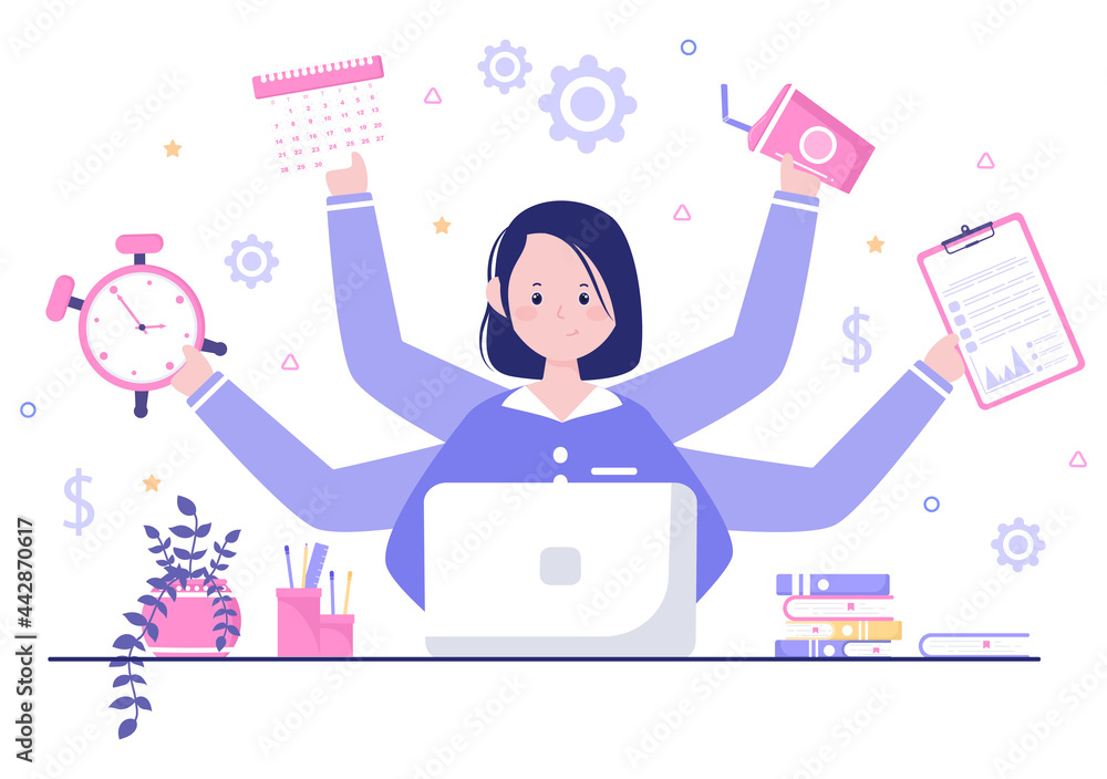 Multitasking Business Woman Or Office Worker as Secretary Surrounded By ...