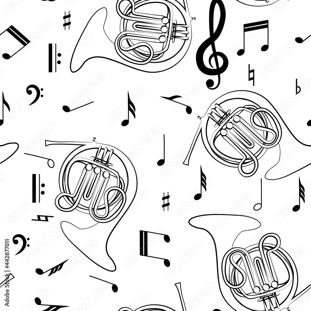 Seamless background with notes and french horn. Line drawing. Lines ...