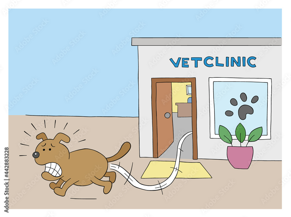 Cartoon dog is scared and runs away from the vet clinic, vector ...