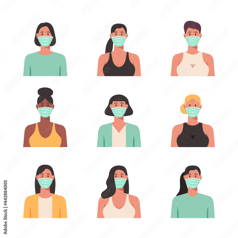 People portraits of young women wearing protective masks, female faces ...