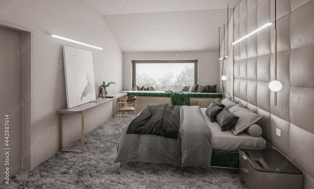 Interior of a modern bedroom with wardrobe and sitting in window ...