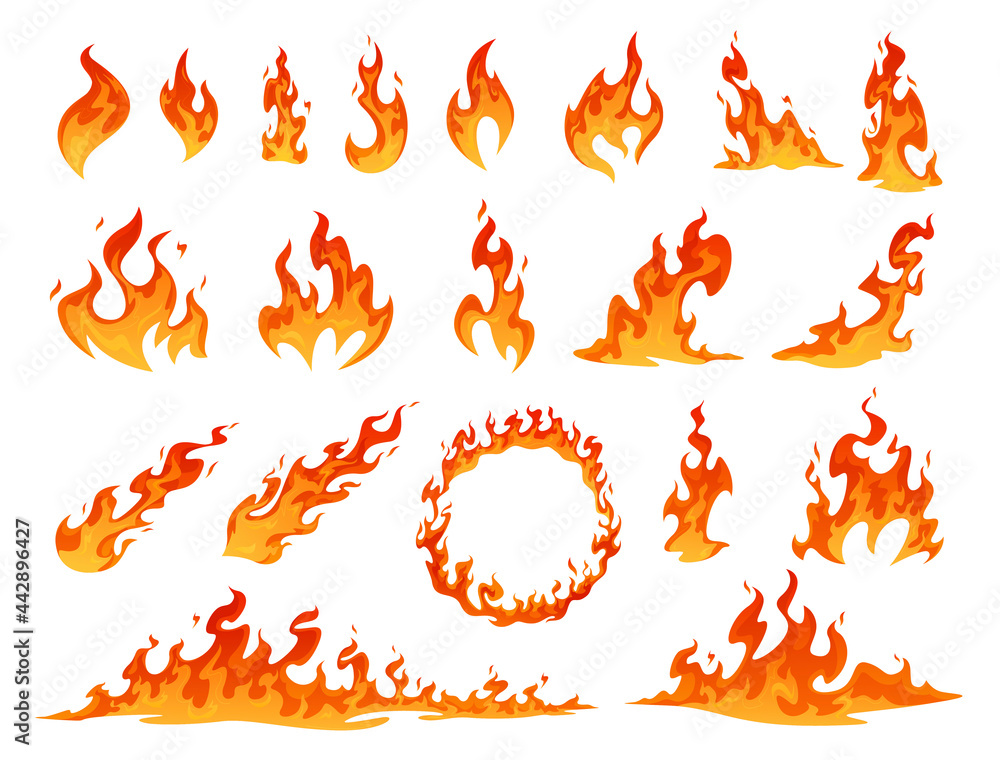 Collection of red and orange cartoon fire flame vector. Flammable ...