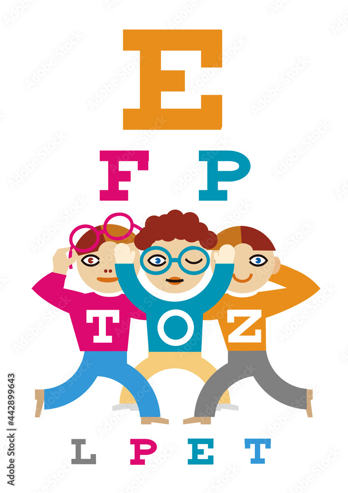 Children testing eyesight, kids at optitian. Illustration of three ...