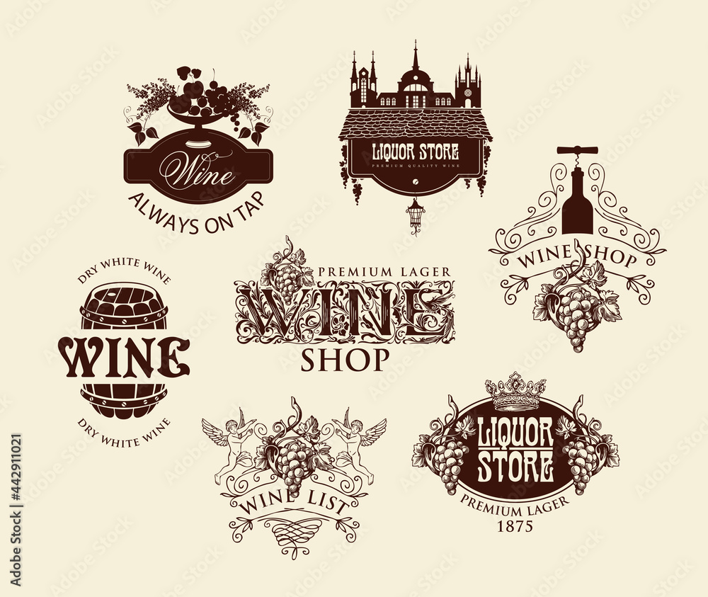 Set of logos, emblems, labels, badges, stickers for a wine shop or ...