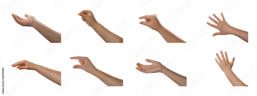 Collage with photos of little child showing different gestures on white ...