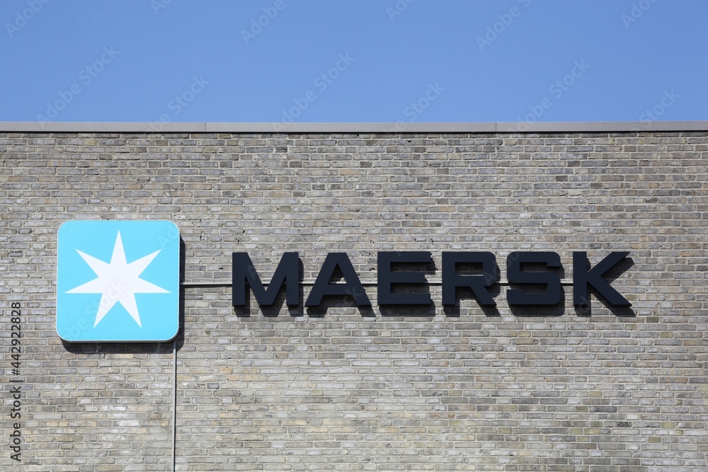 Tilst, Denmark - April 18, 2021: Maersk logo on a building. Maersk ...
