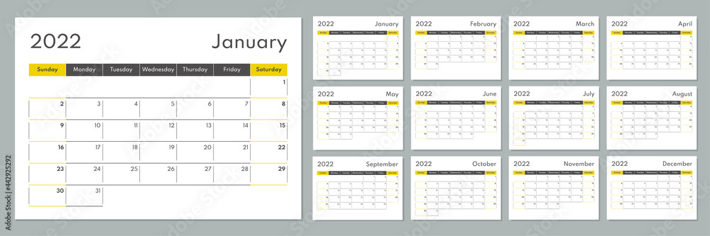 2022 calendar template. Corporate and busines planner diary. Week ...