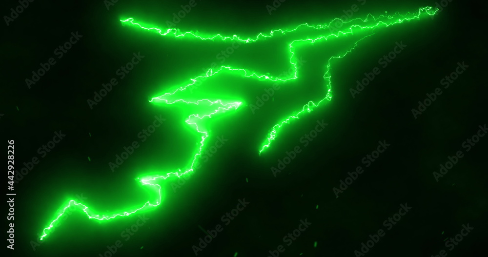 Green lightning bolts electrical current moving wildly across a black ...