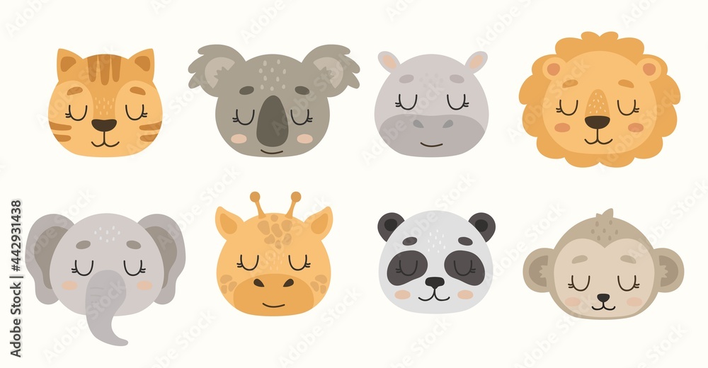 Collection of hand drawn vector animal head. Wildlife set. Lion, panda ...