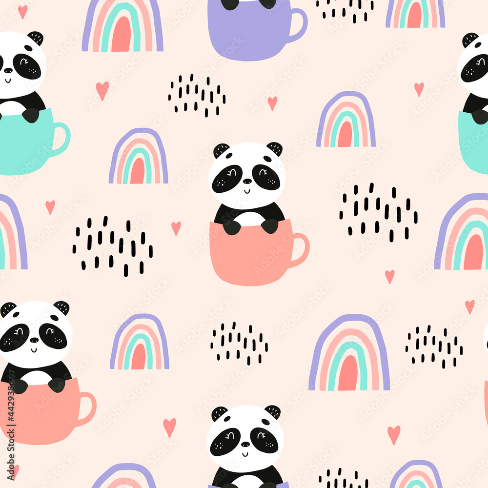Seamless pattern with a panda in a mug with rainbows. Vector ...
