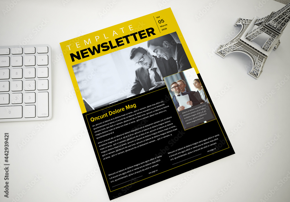 Newsletter Layout with Yellow and Black Accents Stock Template | Adobe ...
