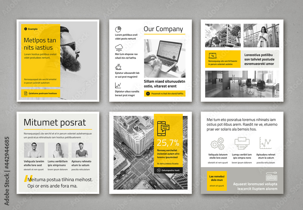 Social Media Post Layouts with Yellow Accents Stock Template | Adobe Stock