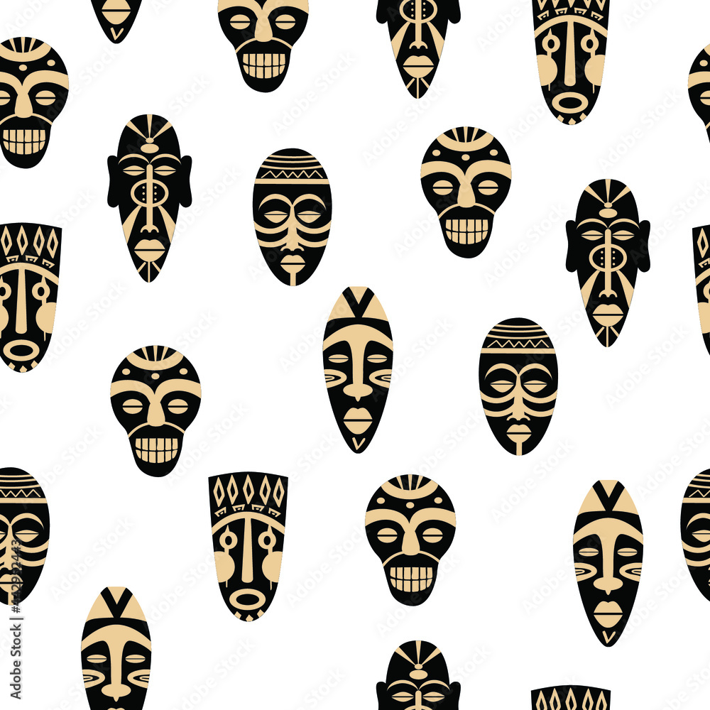 Tribal Masks Seamless Vector Pattern. African Ethnic Masks. Hand Drawn ...