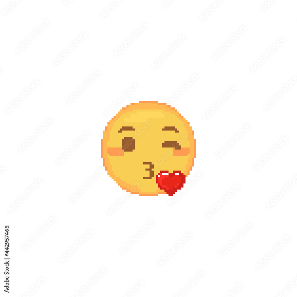 Pixel art kiss emoji. Retro pixel emoticon kissing flushed face with ...