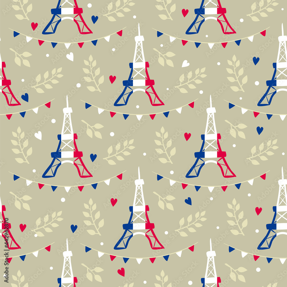 Seamless french pattern with Eiffel Tower, flags and hearts. Hand drawn ...