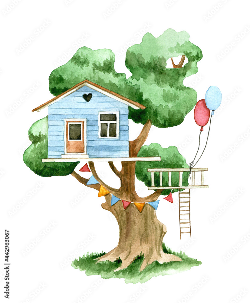 cute children's treehouse. watercolor illustration in cartoon style ...