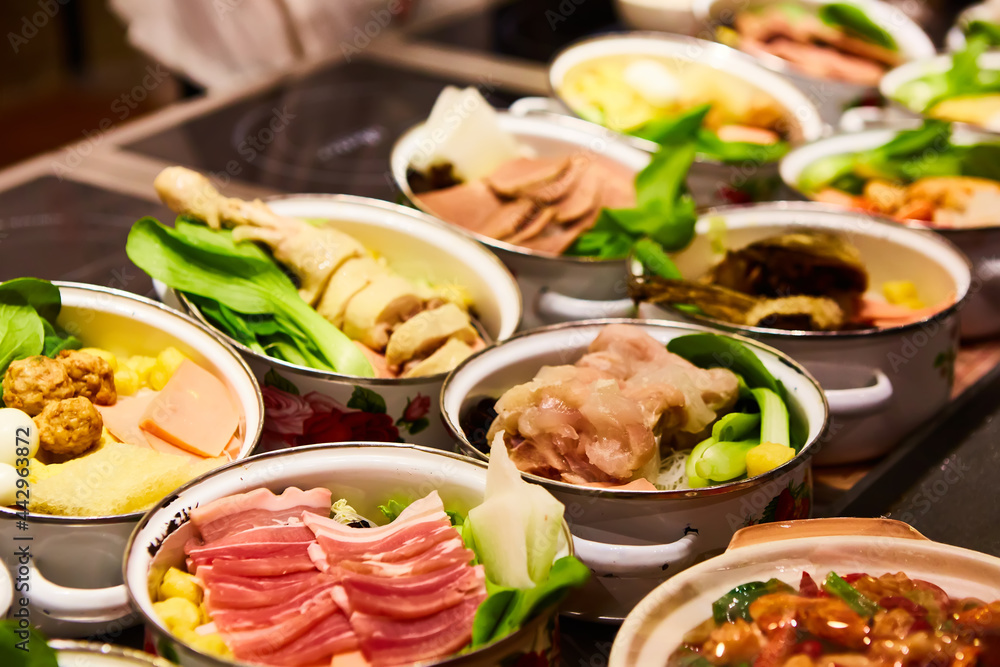 Assorted Chinese food set. Chinese noodles, fried rice, dumplings ...