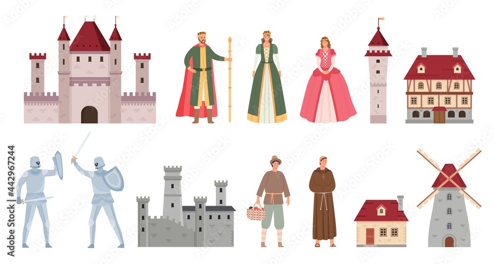 Medieval characters. Cartoon middle ages king, queen, princess, knights ...