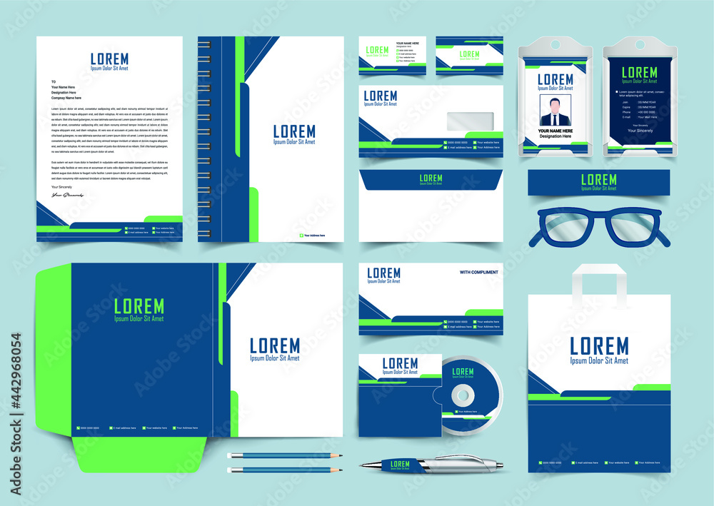 Stationery Corporate Brand Identity Mockup set with green and blue ...