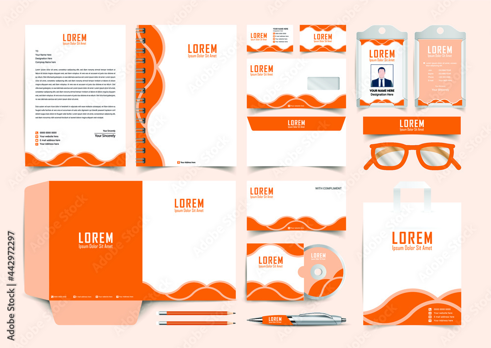 Stationery Corporate Brand Identity Mockup set with orange abstract ...