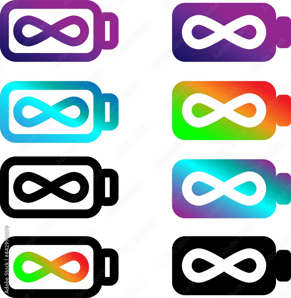 Battery sign with infinity sign inside. Set of vector illustration for ...