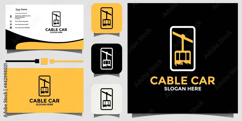 Mountain cable car logo design with template background business card ...