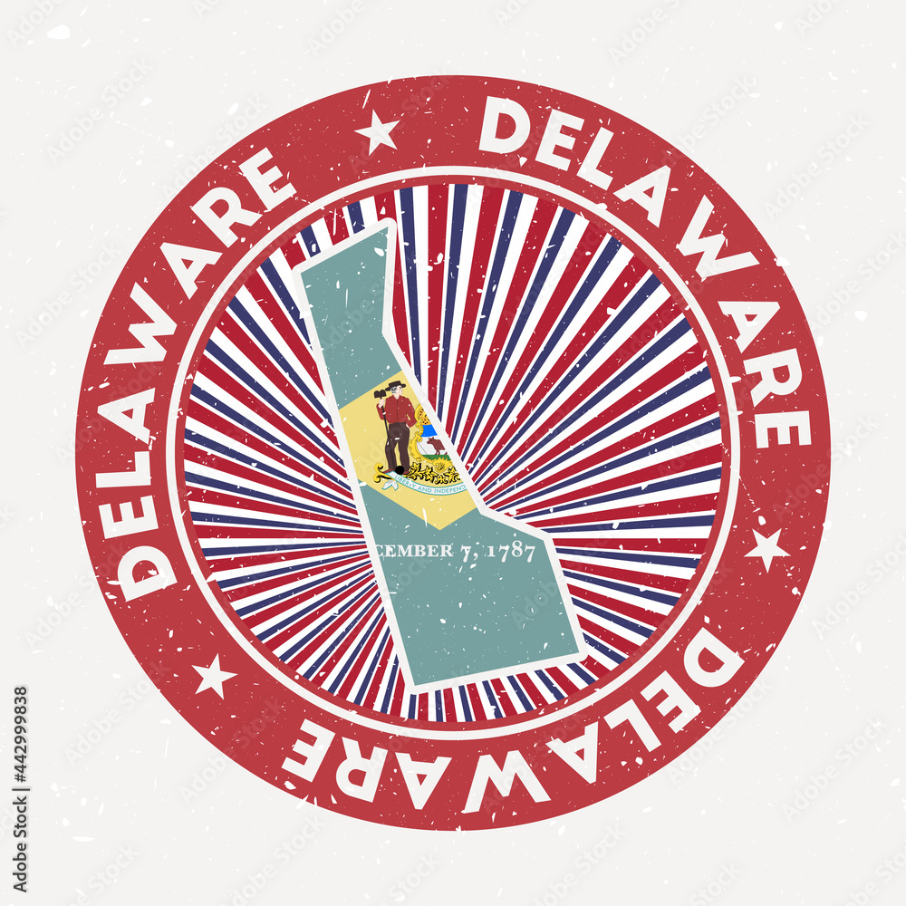 Delaware round stamp. Logo of us state with state flag. Vintage badge ...