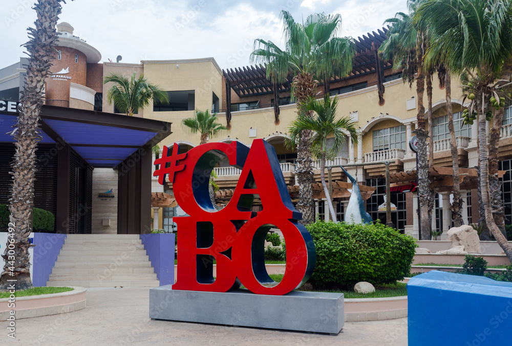 Sign "Cabo" on the front of the Paraiso, shopping mall in Cabo San ...