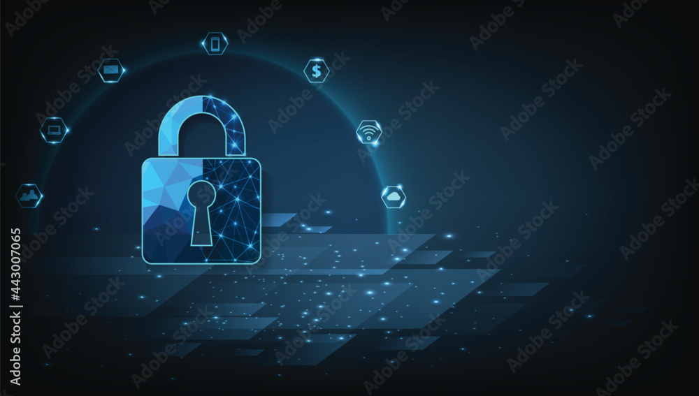 High speed Data Protection.Padlock lock icon digital display over on ...