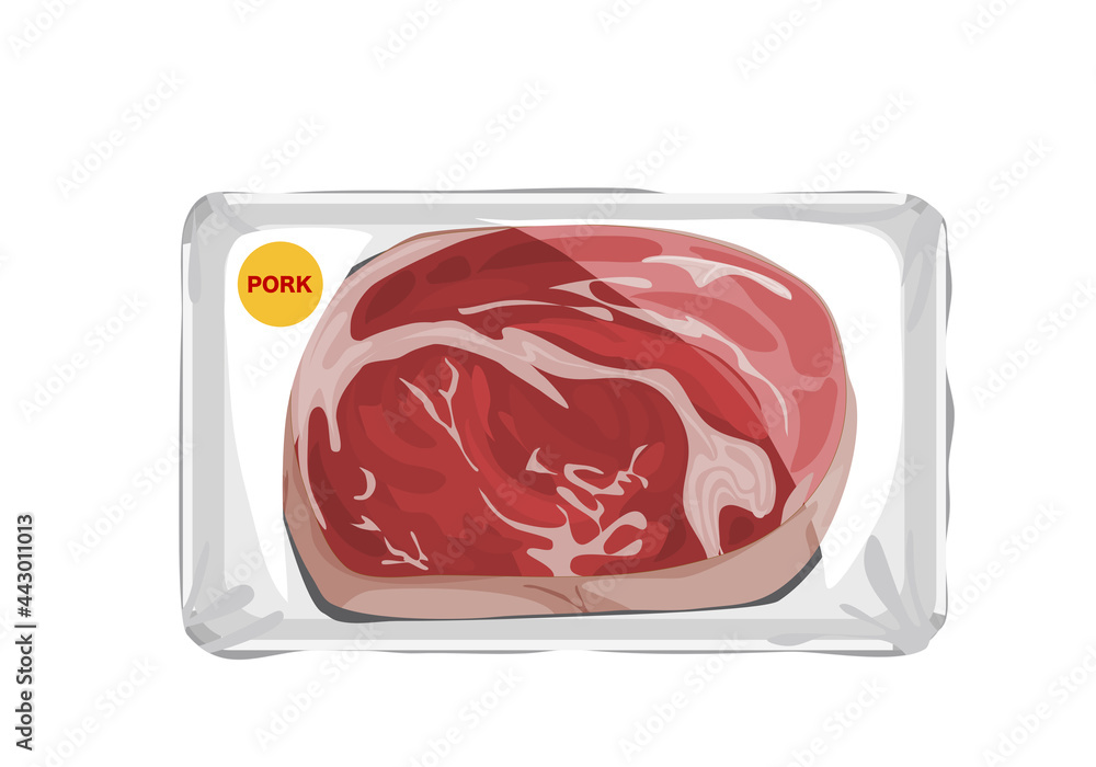 Uncooked pork in a plastic pack. Isolated pice of meat prepared on ...