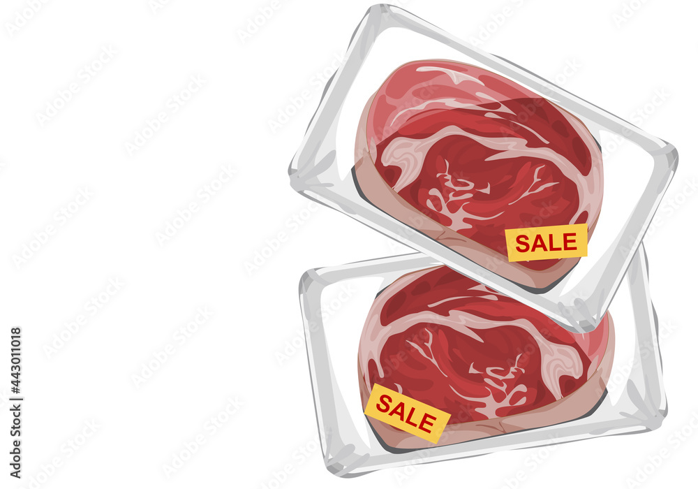 fresh meat in a plastic pack. Isolated pice of meat prepared on white ...