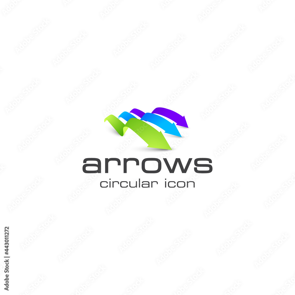this is a logo of three swooping arrows pointing down in blue green and ...