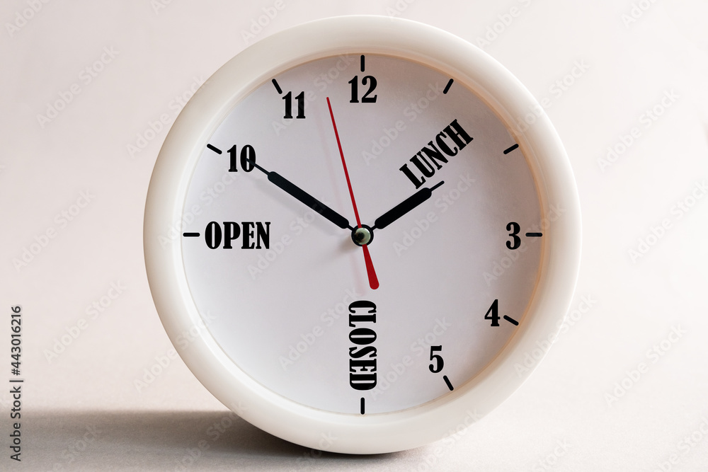 Sign design for a shop or office, opening and closing times in the form ...