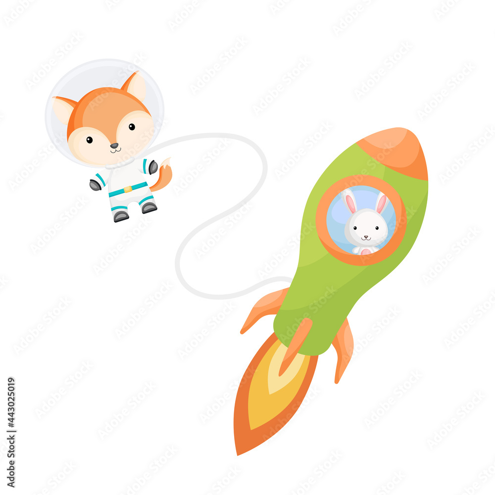 Cute little hare flying in green rocket. Cartoon fox character in space ...