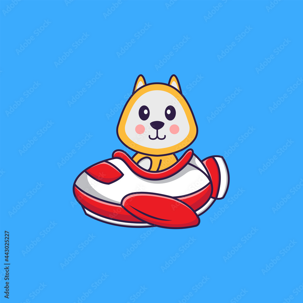 Cute dog flying on a plane. Animal cartoon concept isolated. Can used ...
