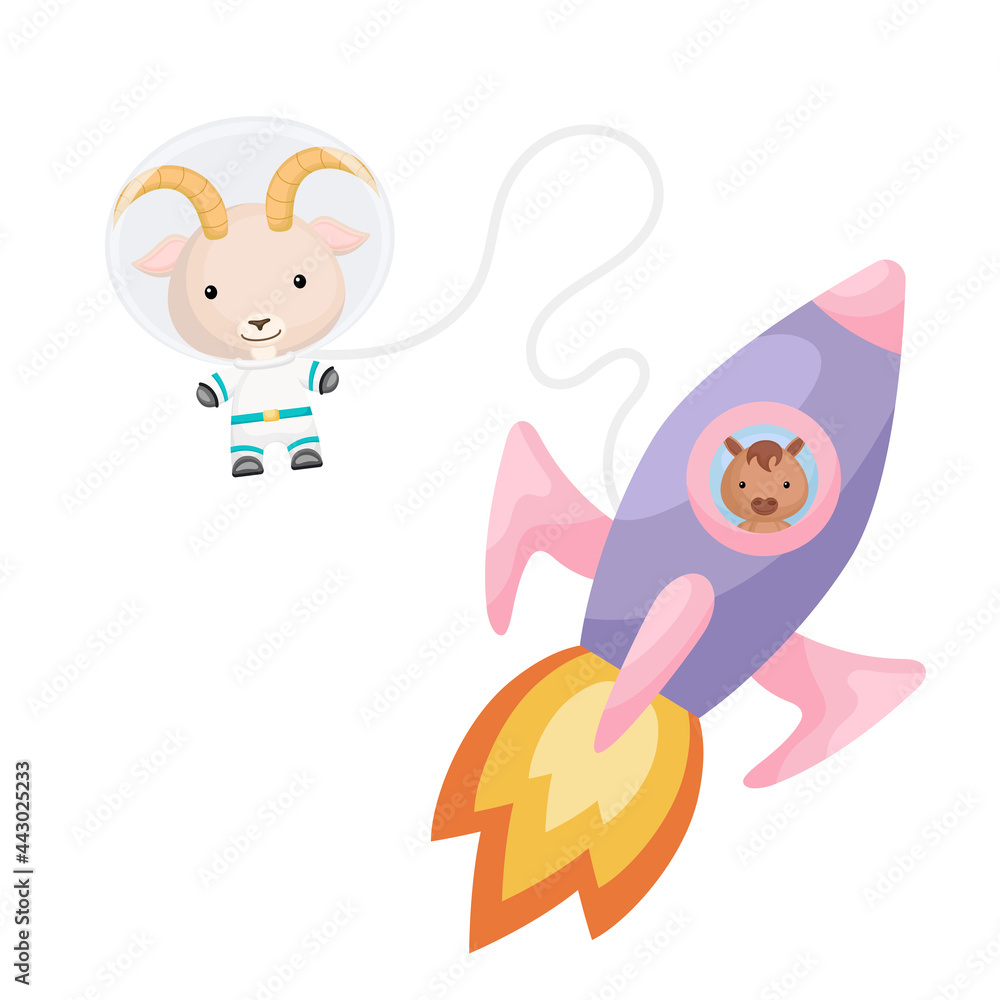 Cute little horse flying in violet rocket. Cartoon goat character in ...