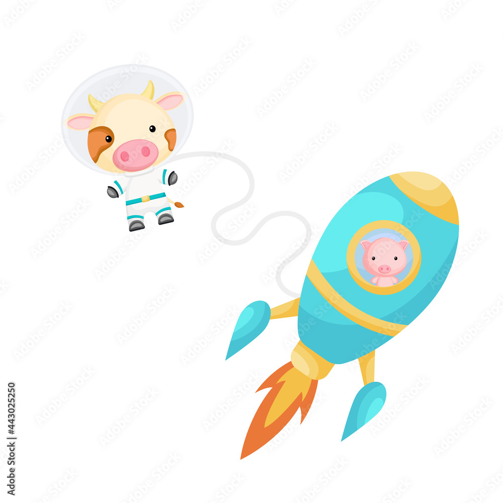 Cute little pig flying in aqua rocket. Cartoon cow character in space ...