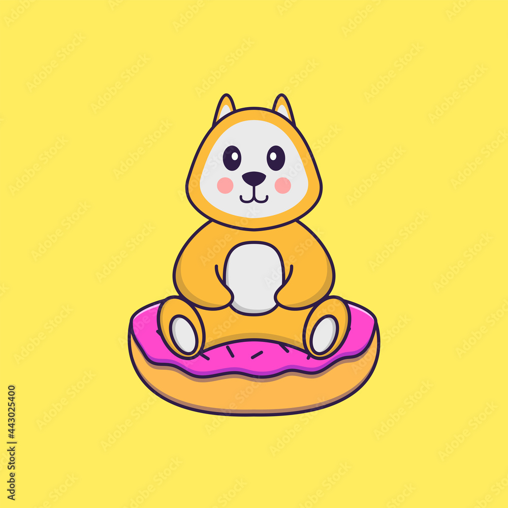 Cute dog is sitting on donuts. Animal cartoon concept isolated. Can ...