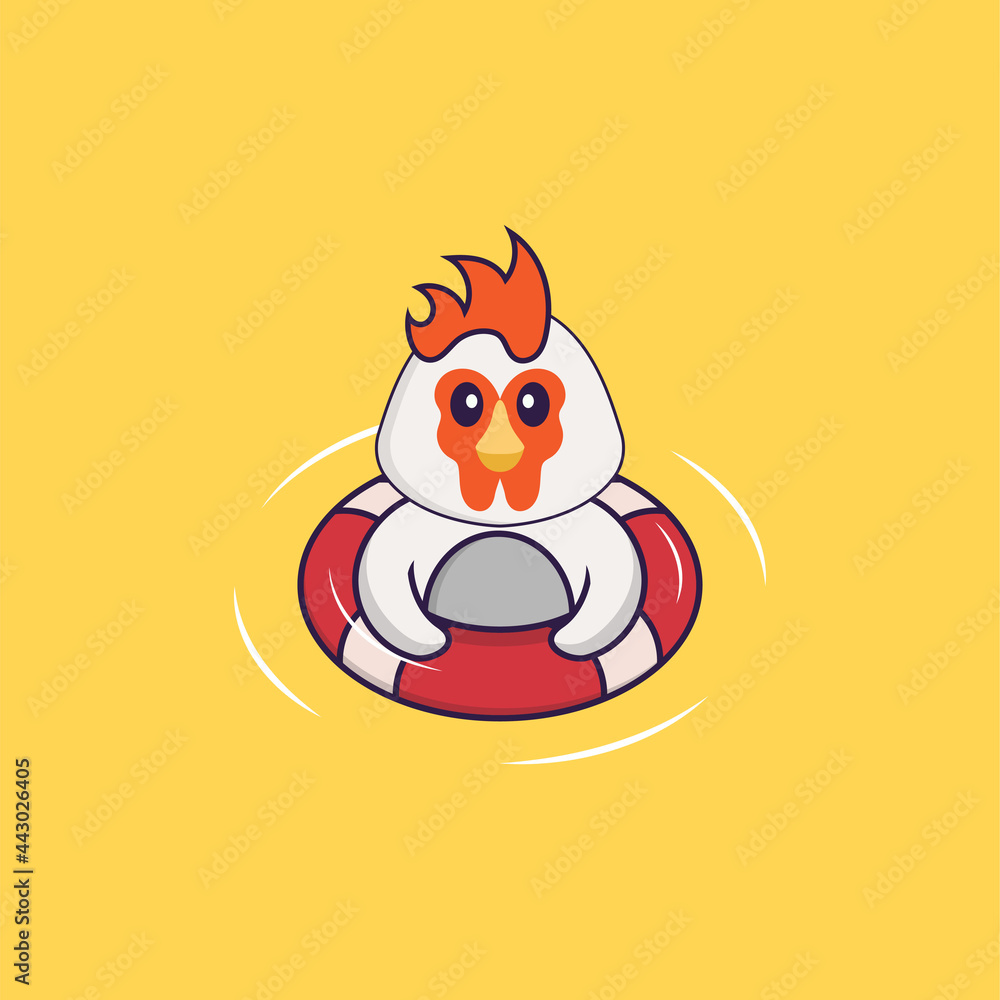 Cute chicken is Swimming with a buoy. Animal cartoon concept isolated ...