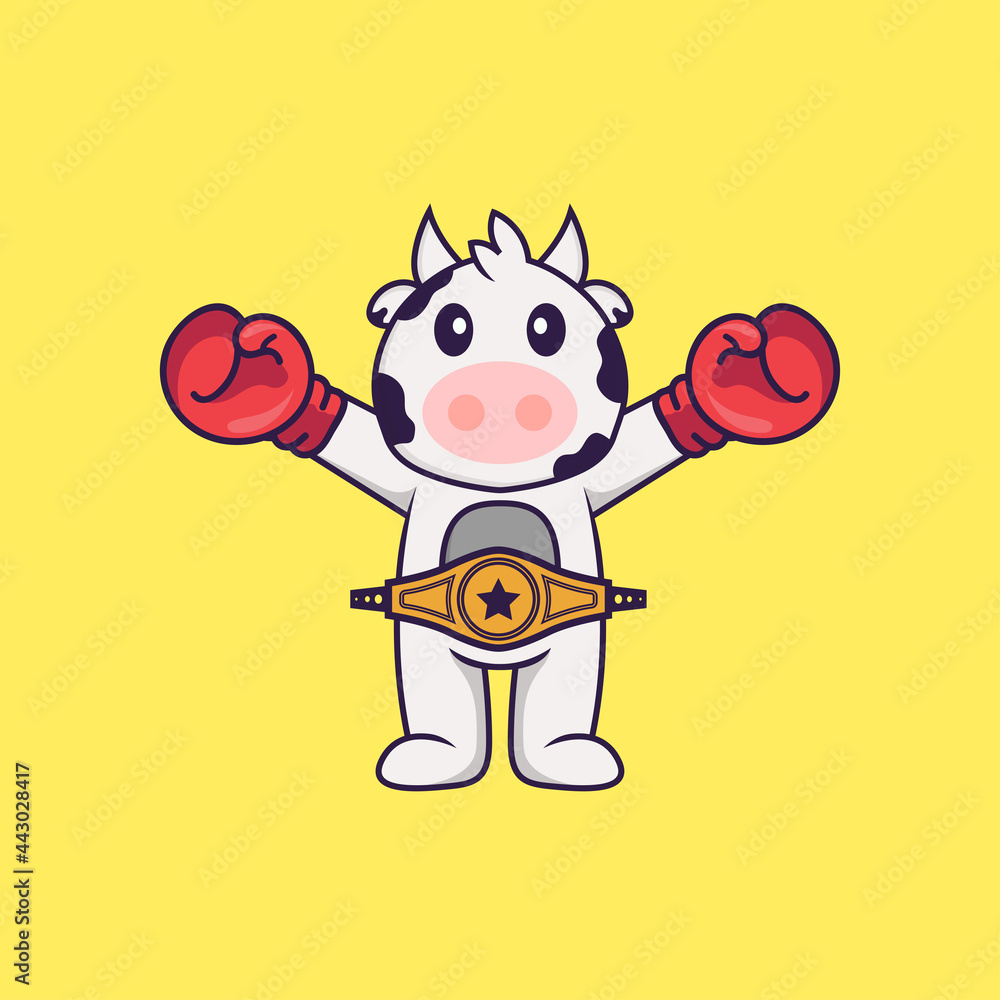 Cute cow in boxer costume with champion belt. Animal cartoon concept ...