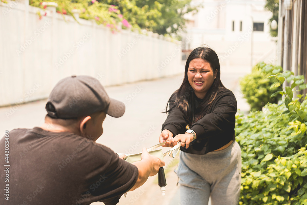 A young asian woman struggles to get her bag back from a devious ...