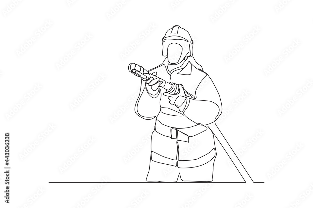 Single one continuous line drawing of young male firefighter wear ...