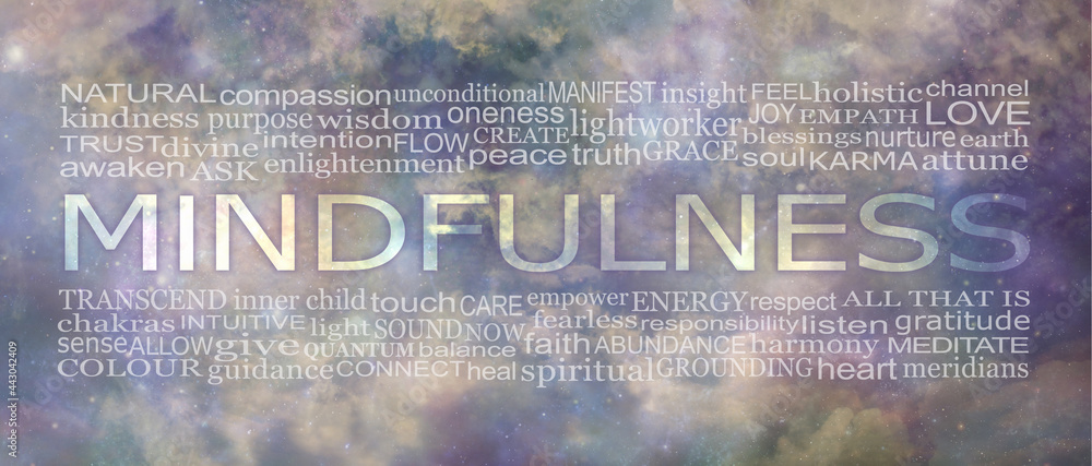 Mindfulness Word Cloud Art Banner - beautiful celestial cloudscape ...